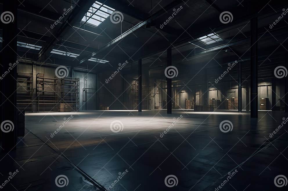 Three Dimensional Render of Dark Empty Warehouse. AI Generated Stock ...
