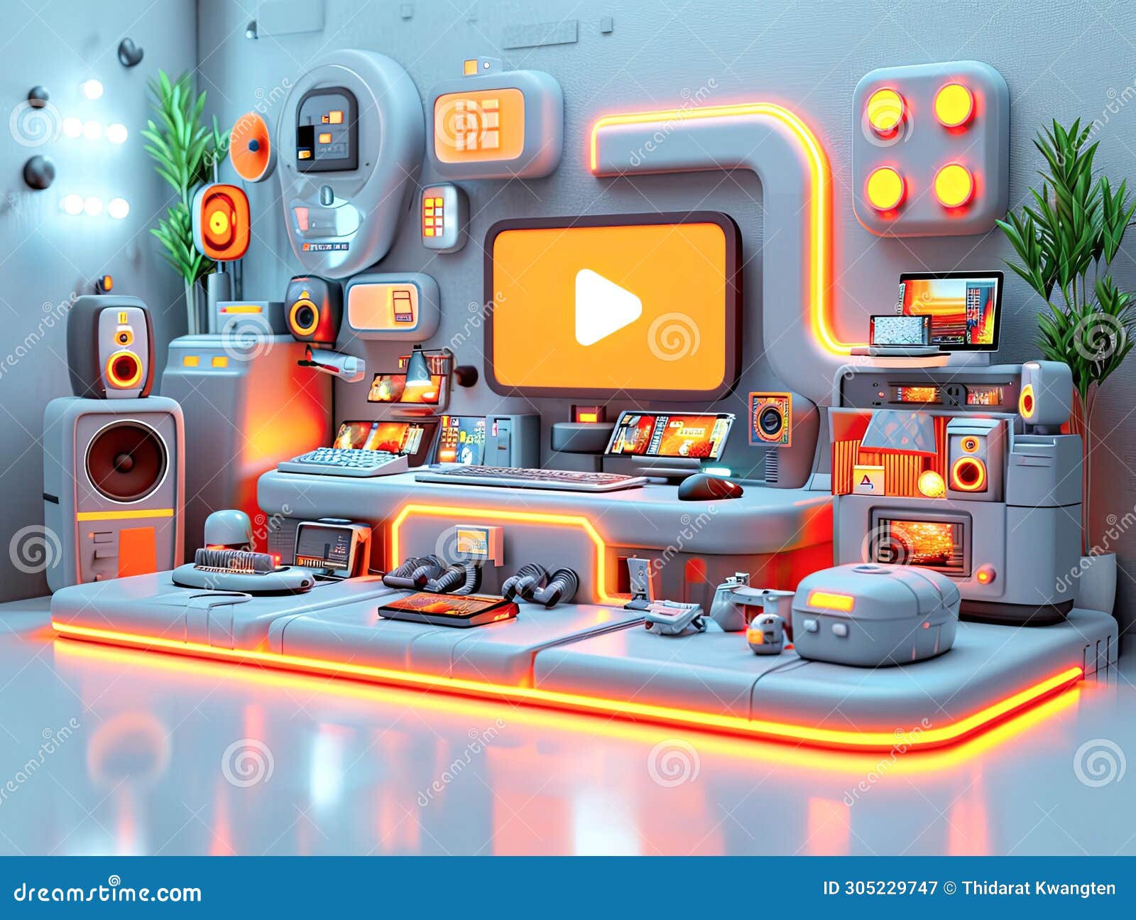 Three Dimensional Render Of Desk With Computer Monitor Displaying Graphic Editing Program