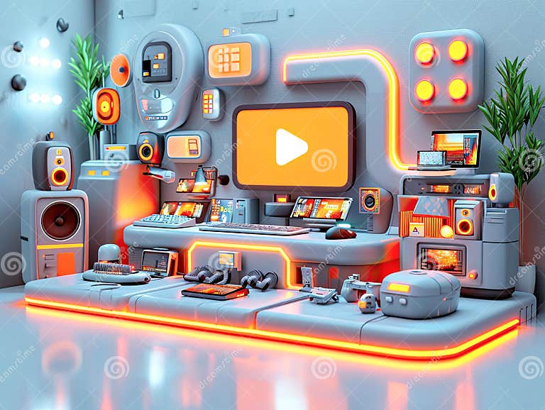 Three Dimensional Render of Desk with Computer Monitor Displaying Graphic Editing Program ...