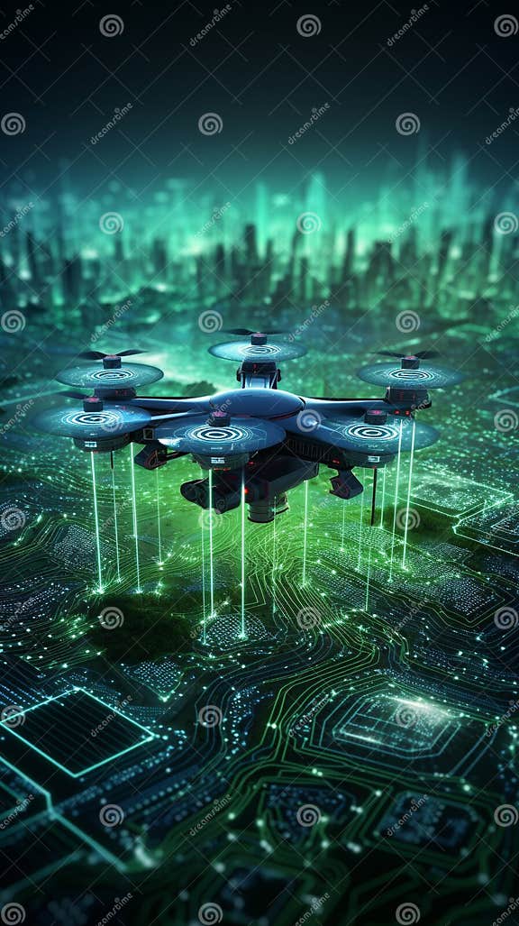 Drone Hovering Over a Binary Code Landscape - a Three-Dimensional Render for Tech Concepts Stock ...