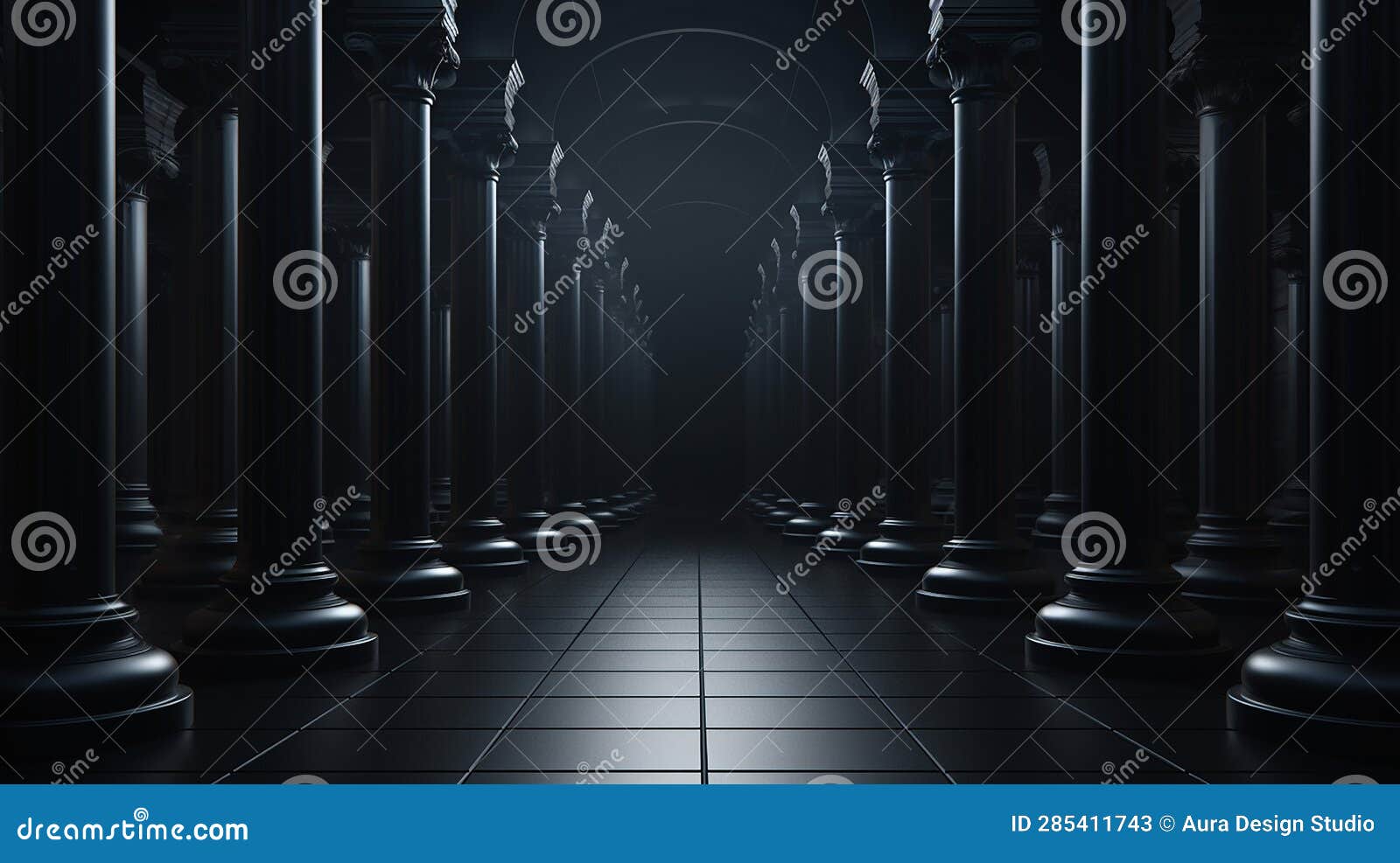 Three Dimensional Render of Rows of Columns in Dark Hall Stock ...