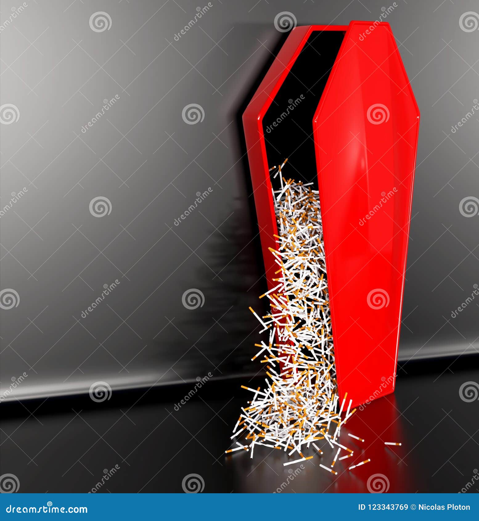 Opened Red Coffin, with Falling Cigarettes. Right View Stock ...
