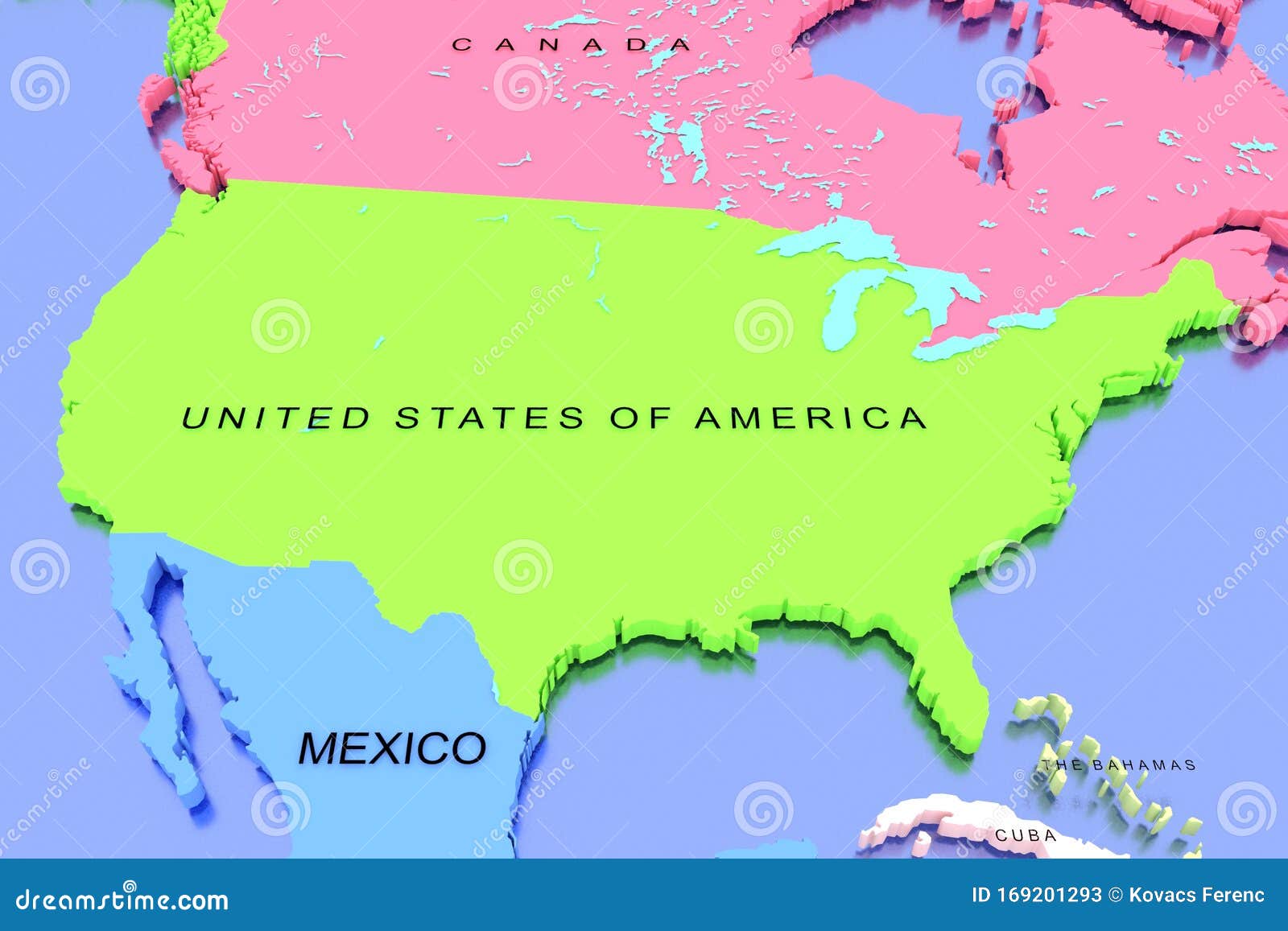 Three Dimensional Rendered Map of North America Stock Illustration ...