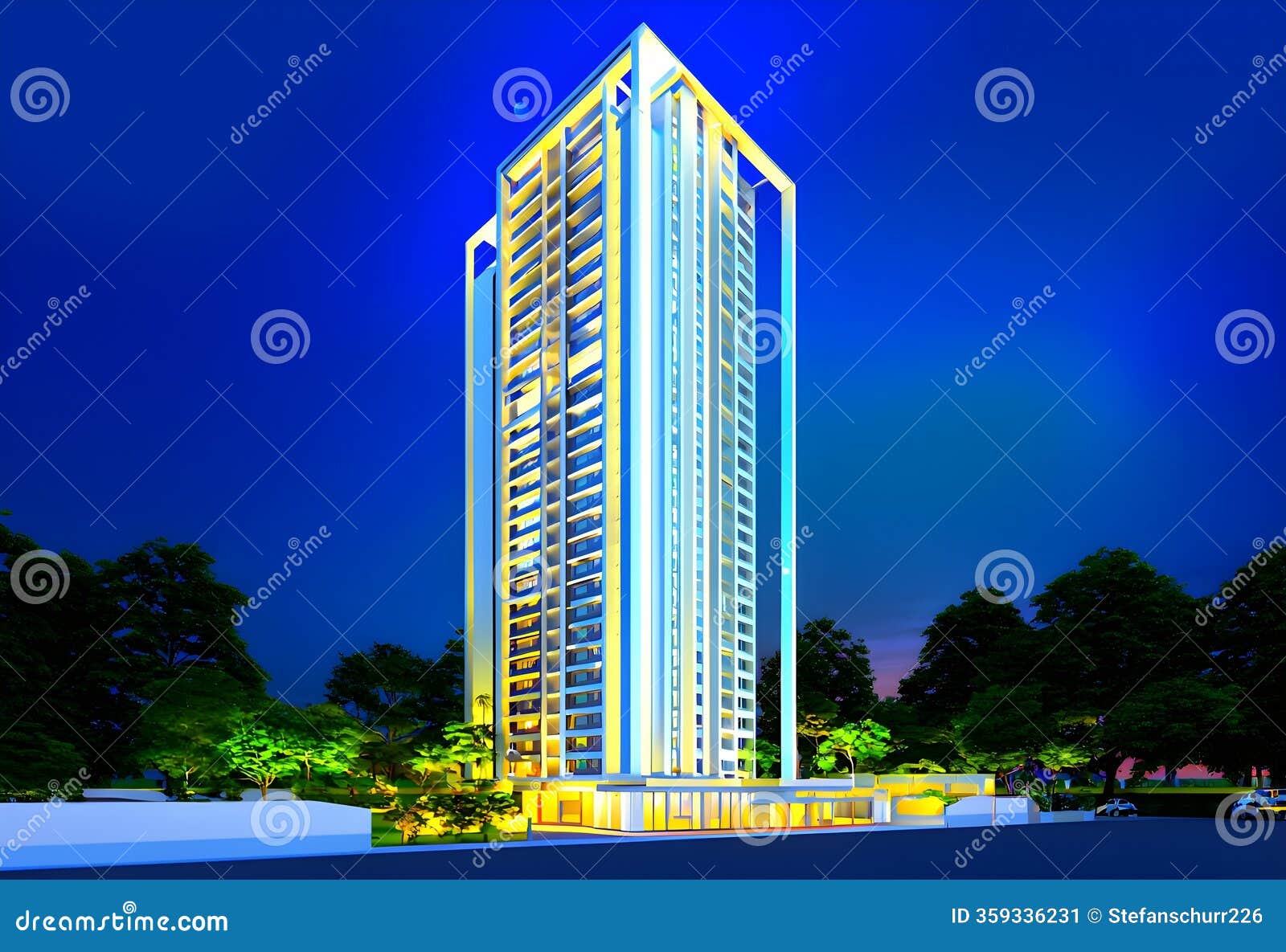 Three Dimensional Rendering of an Illuminated Modern High-rise Building ...