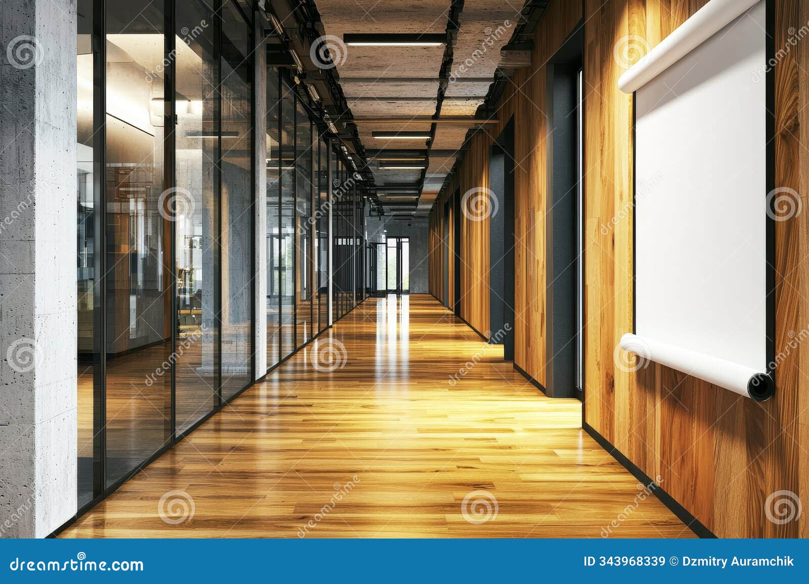 Three-dimensional Rendering of an Office Hallway with Glass Walls and a ...