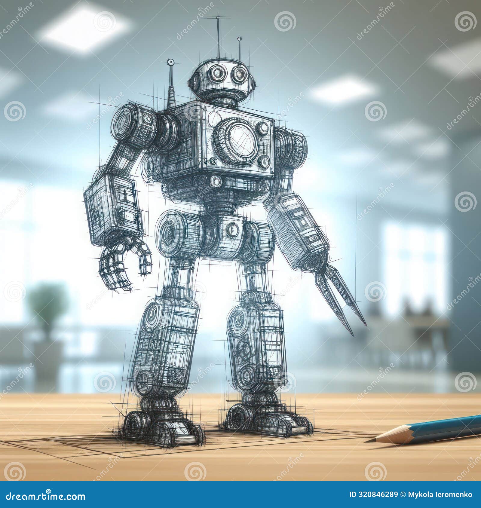 Three-dimensional Sketch of a Robot on a Blurred Background. Stock ...
