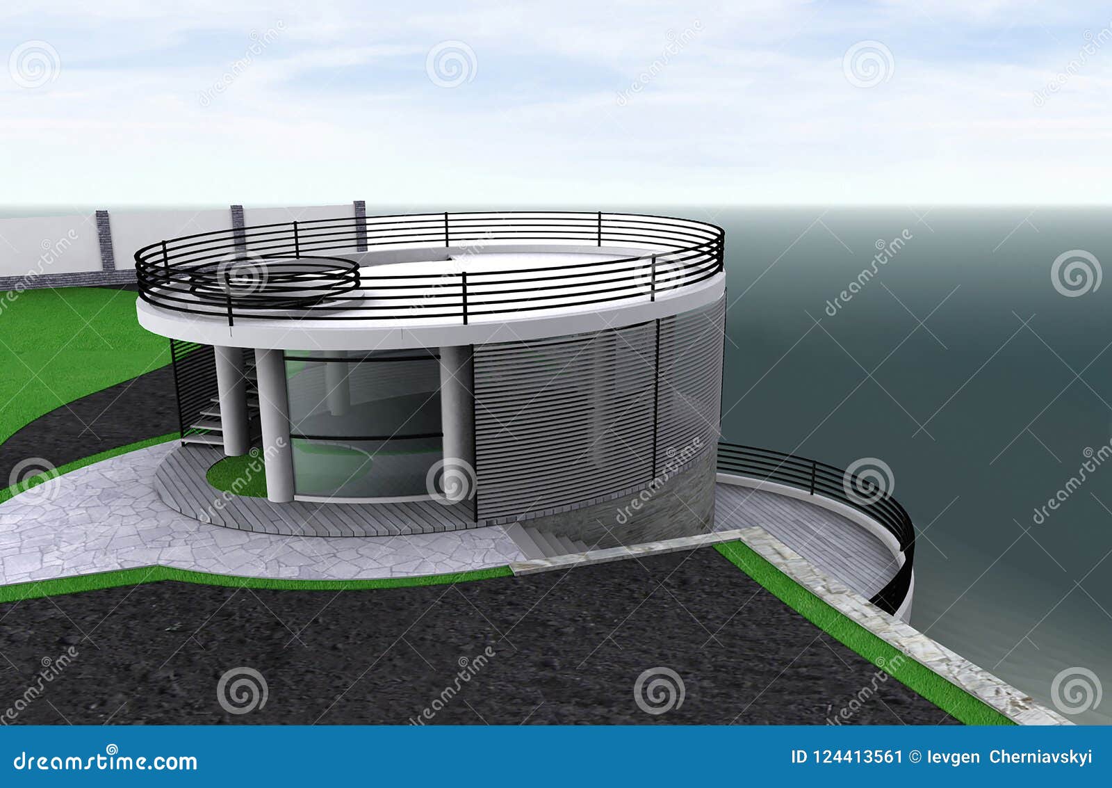 Minimalist Style Alcove Overlook the Sea, 3D Render Stock Illustration ...