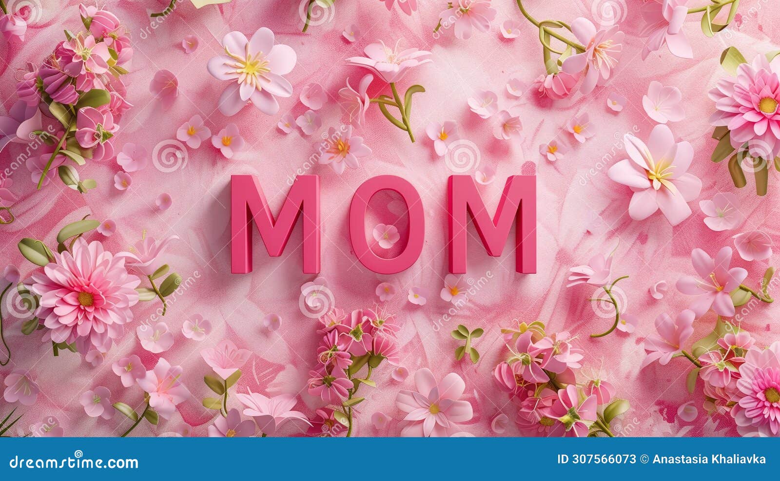 Voluminous Word Mom Written On A Pink Background With Flowers Mother
