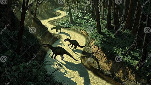 Three Dinosaurs Walk Along a Winding Path through a Lush Forest Stock ...