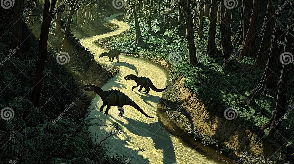 Three Dinosaurs Walk Along a Winding Path through a Lush Forest Stock ...