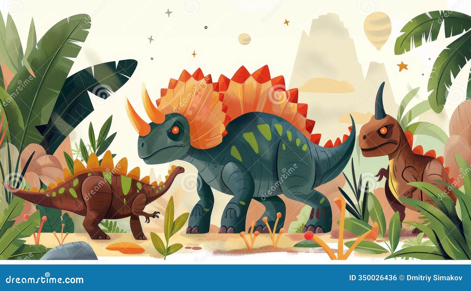 Three Dinosaurs are Walking through a Jungle Stock Illustration ...