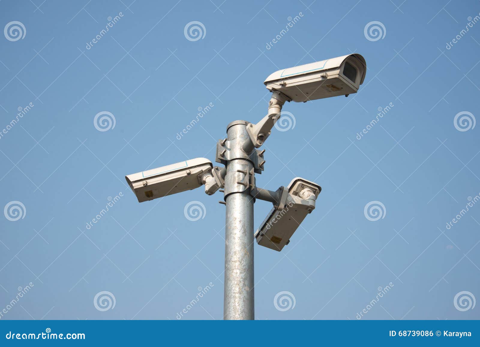 Three Direction CCTV Security Camera on Iron Post Stock Photo - Image ...