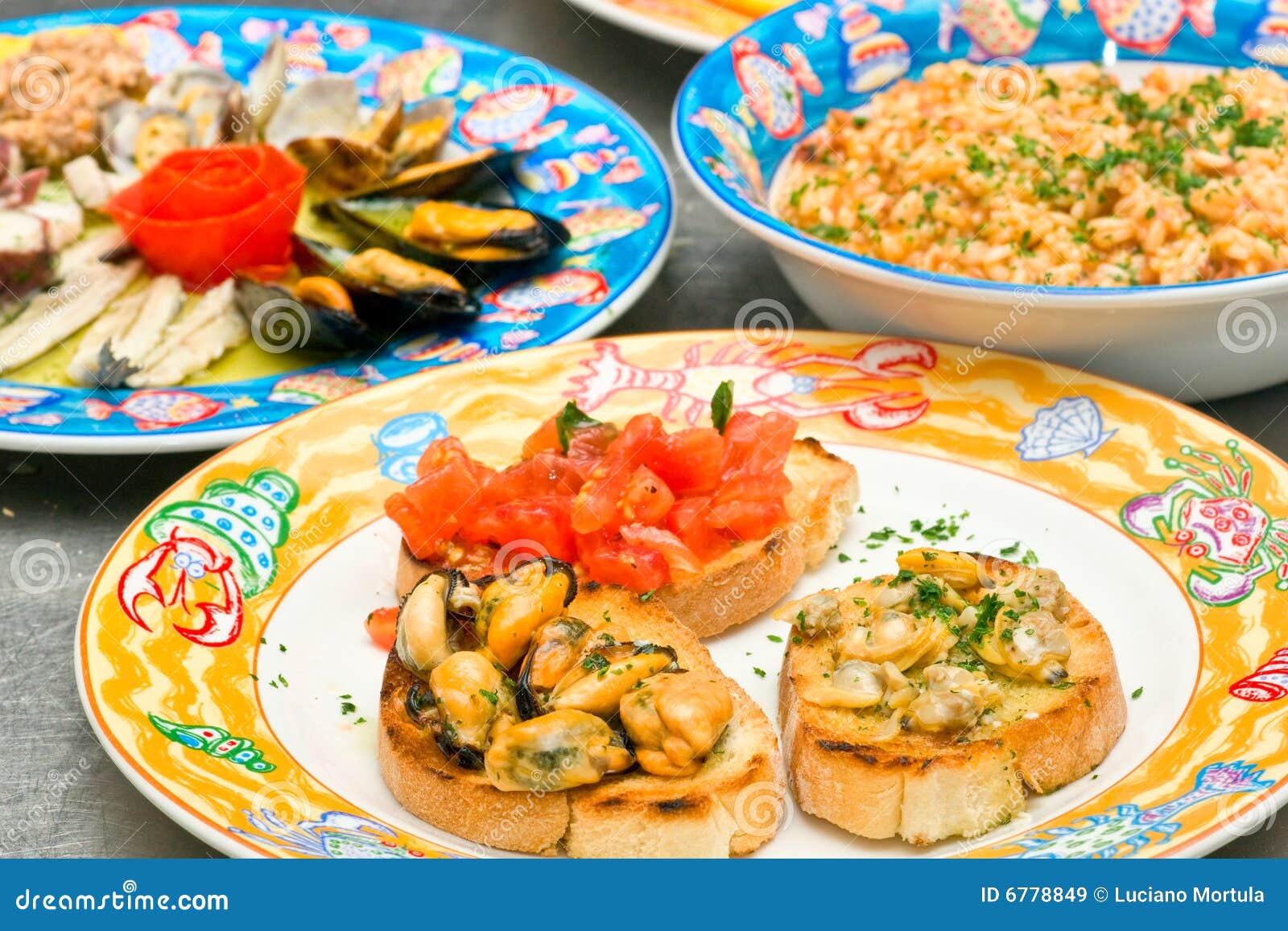 Three Dish of Seafood, Mix Bruschetta, Rice with S Stock Image - Image ...