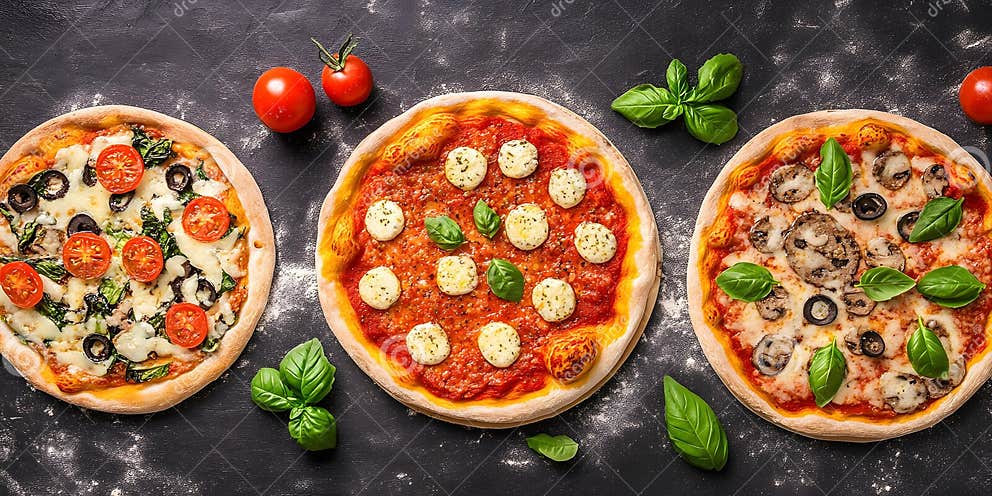 Three Distinct Pizzas on Dark Surface Stock Illustration - Illustration ...