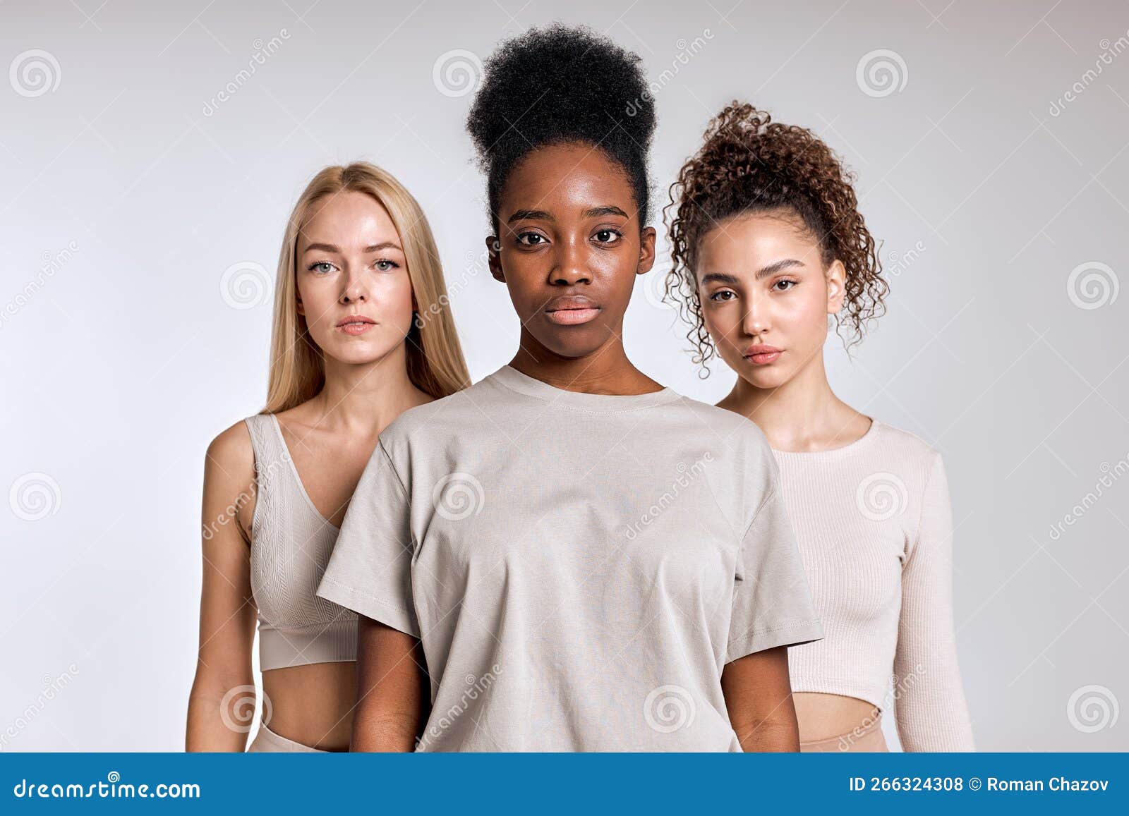 Three Diverse Beautiful Models are Posing on White Background. Close-up ...