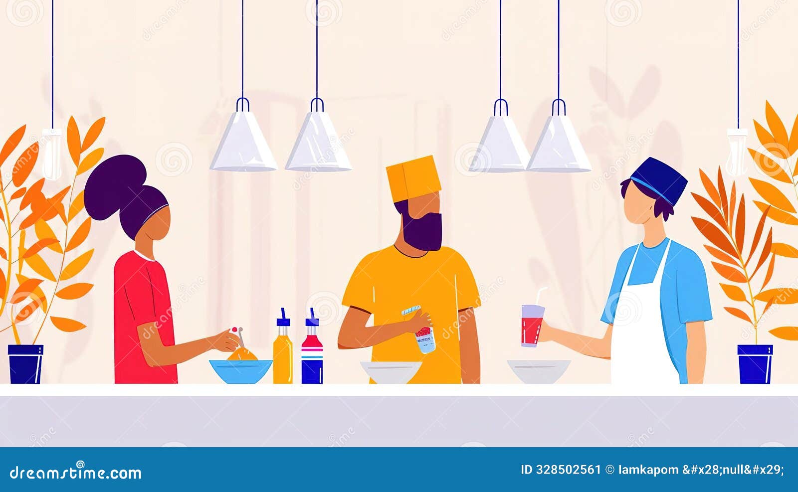 Three Diverse Chefs Preparing Food in a Modern Kitchen Stock ...