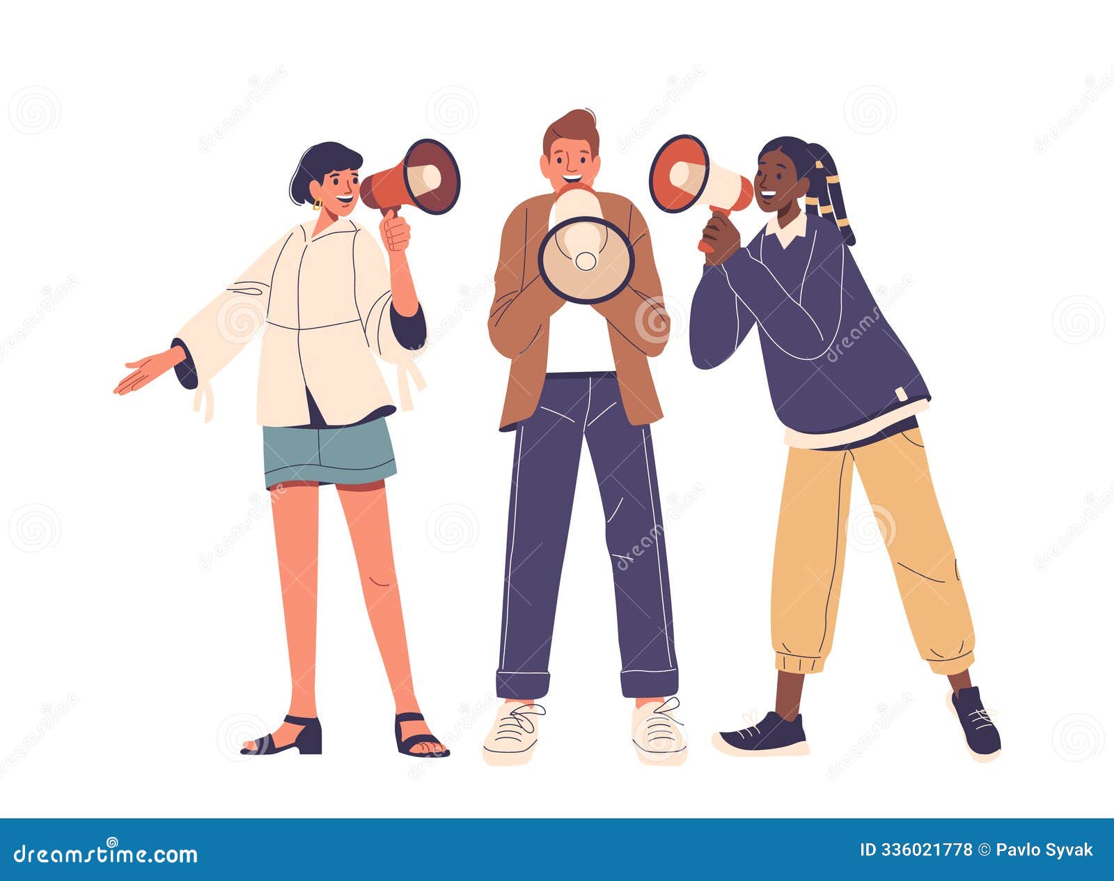Three Diverse People Stand Together Using Megaphones To Communicate and ...