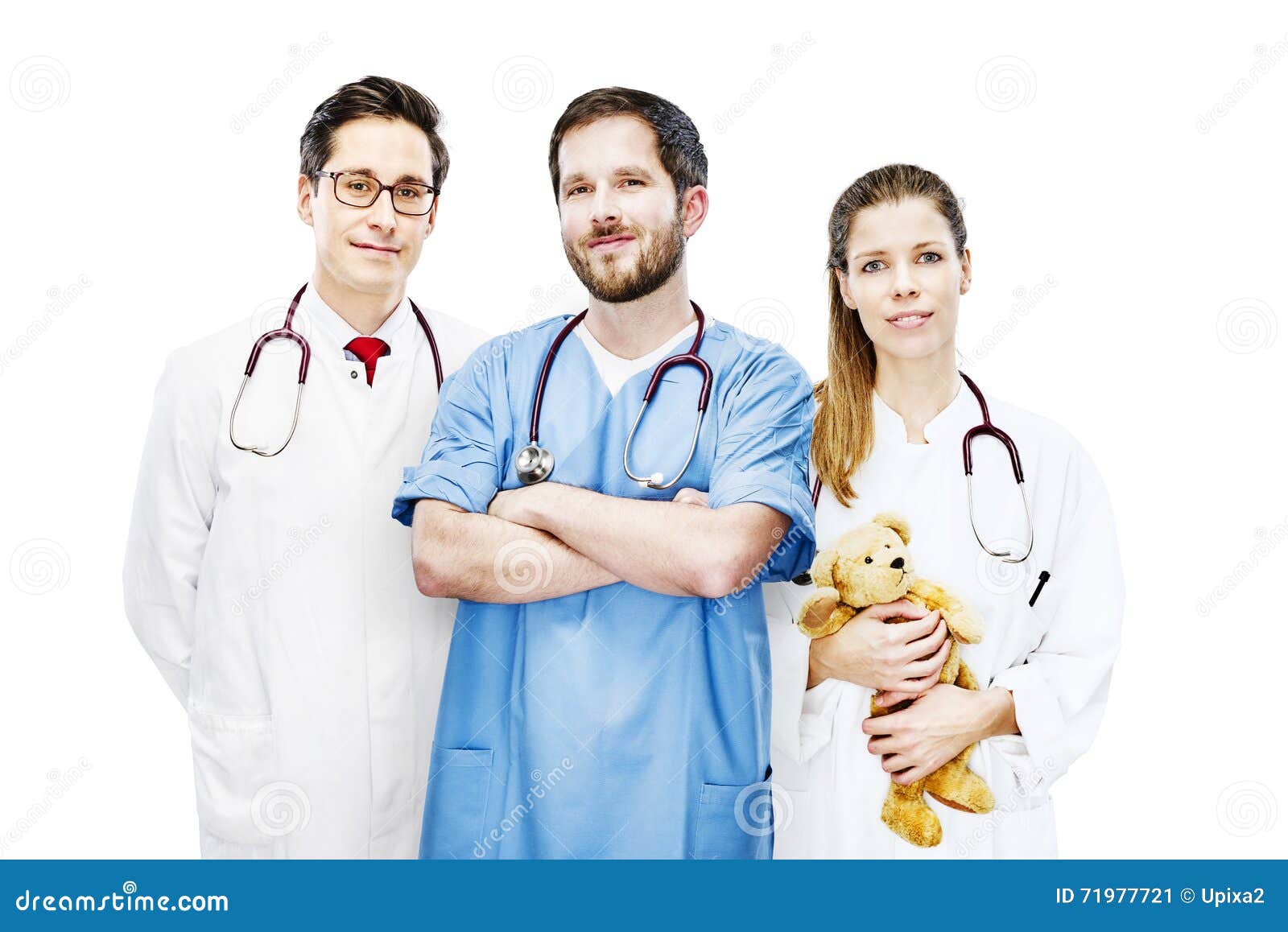 Three Doctors Group Portrait Modern Clinic Frontal Team Stock Image ...