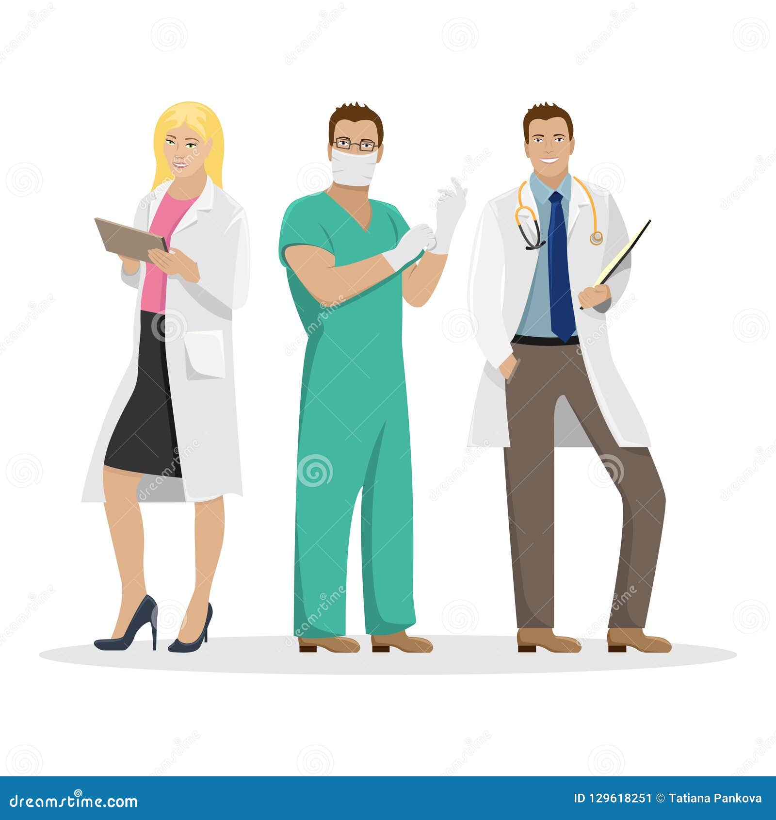 Three Doctors One Continuous Line Drawing Standing With Medicinal Tools ...