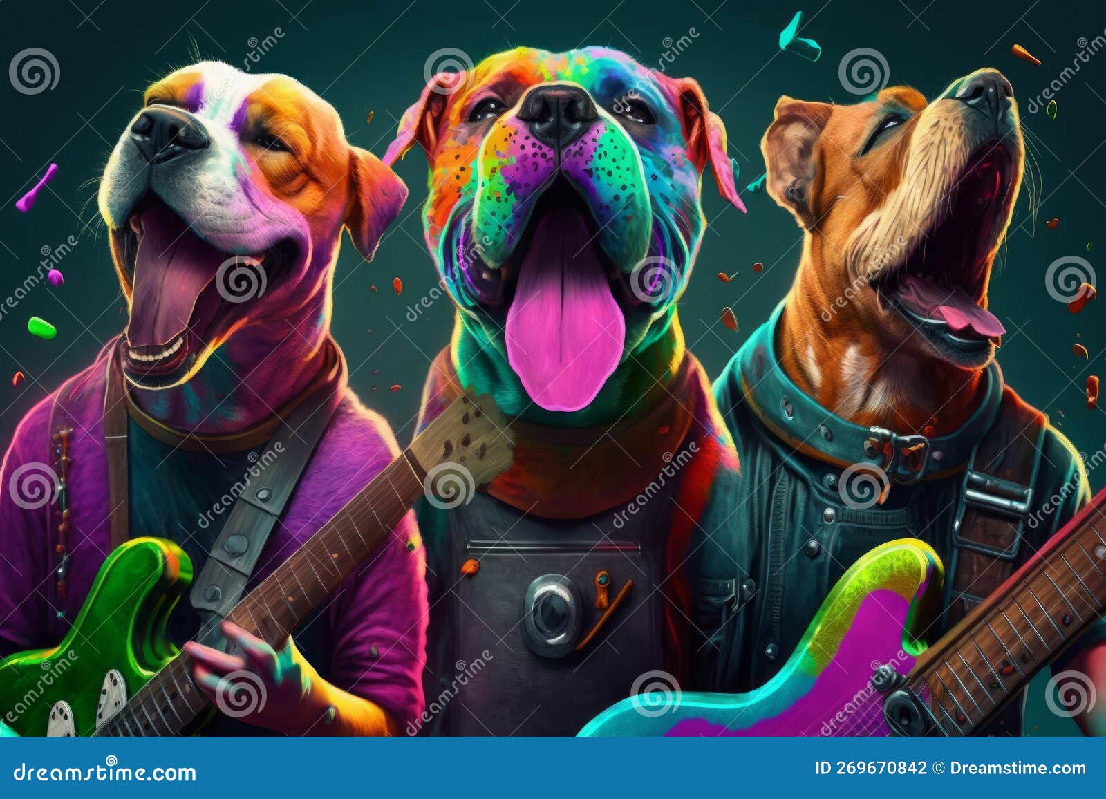 Three Dogs with Guitars and Colorful Paint on Their Faces. Generative ...