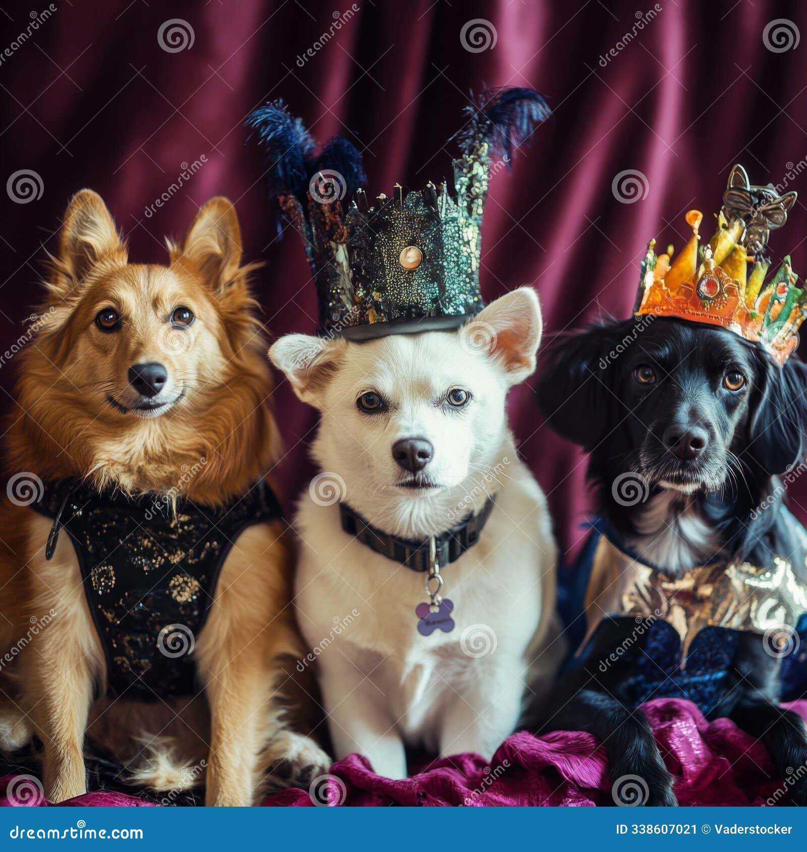 Three Dogs Wearing Elaborate Crowns And Costumes Royalty-Free Stock ...