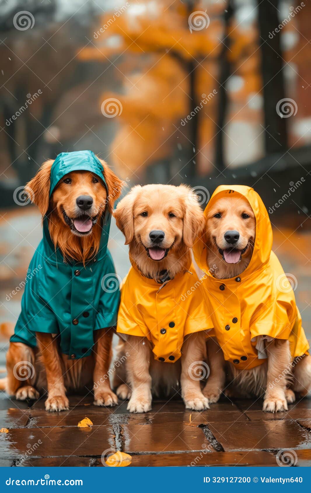 Three Dogs Wearing Raincoats Sitting in the Rain. Generative AI Stock ...