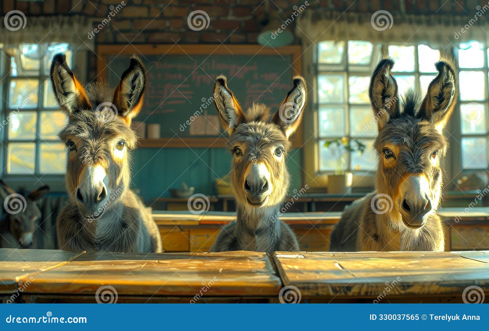 Three Donkeys Standing in Front of a Chalkboard Stock Image - Image of ...