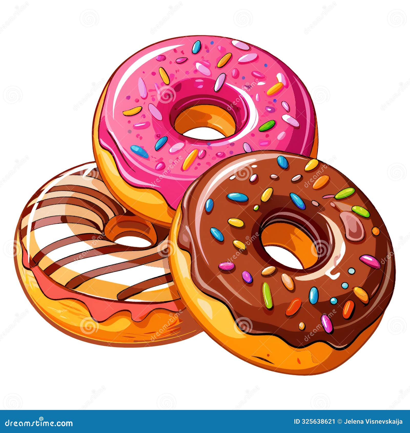 Three Donuts with Toppings and Sprinkles Stacked on White Background ...