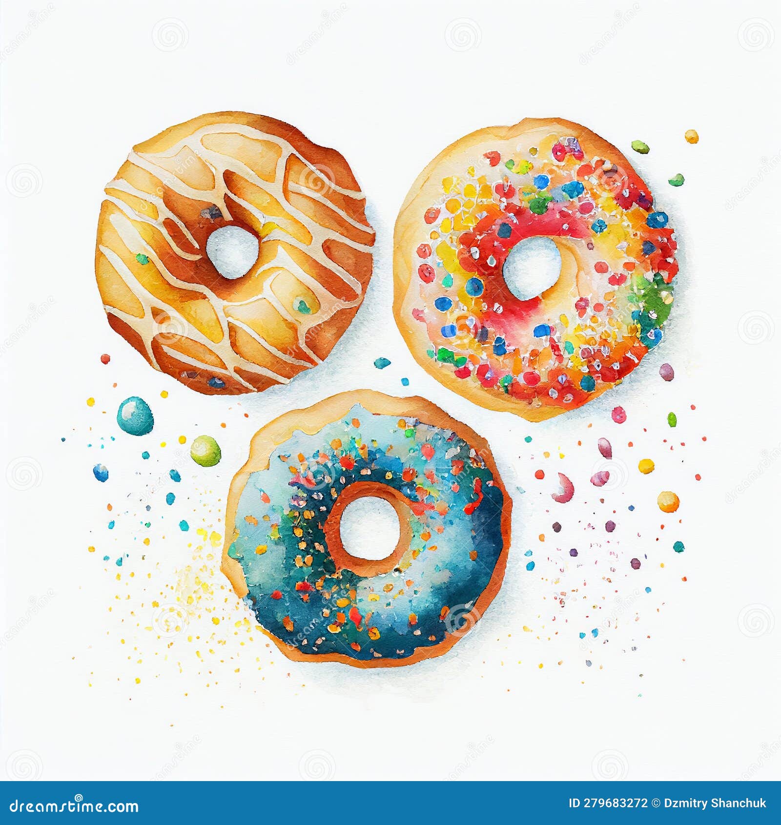 Three Donuts, Watercolor Painting by Generative AI Stock Illustration ...