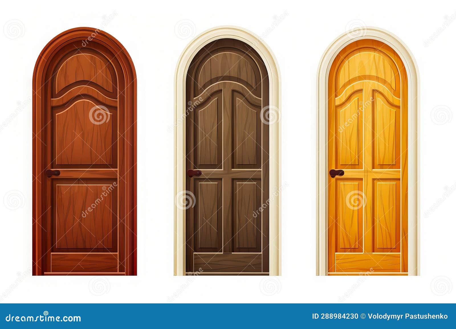 Three Doors with Different Designs and Colors on Them, One is Open ...