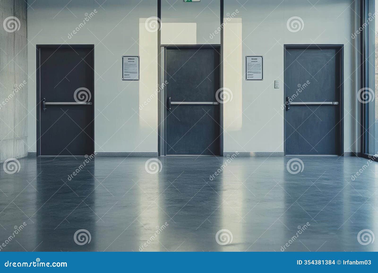 Three Doors Stand Closed in Empty Hallway with Polished Floor, Modern ...