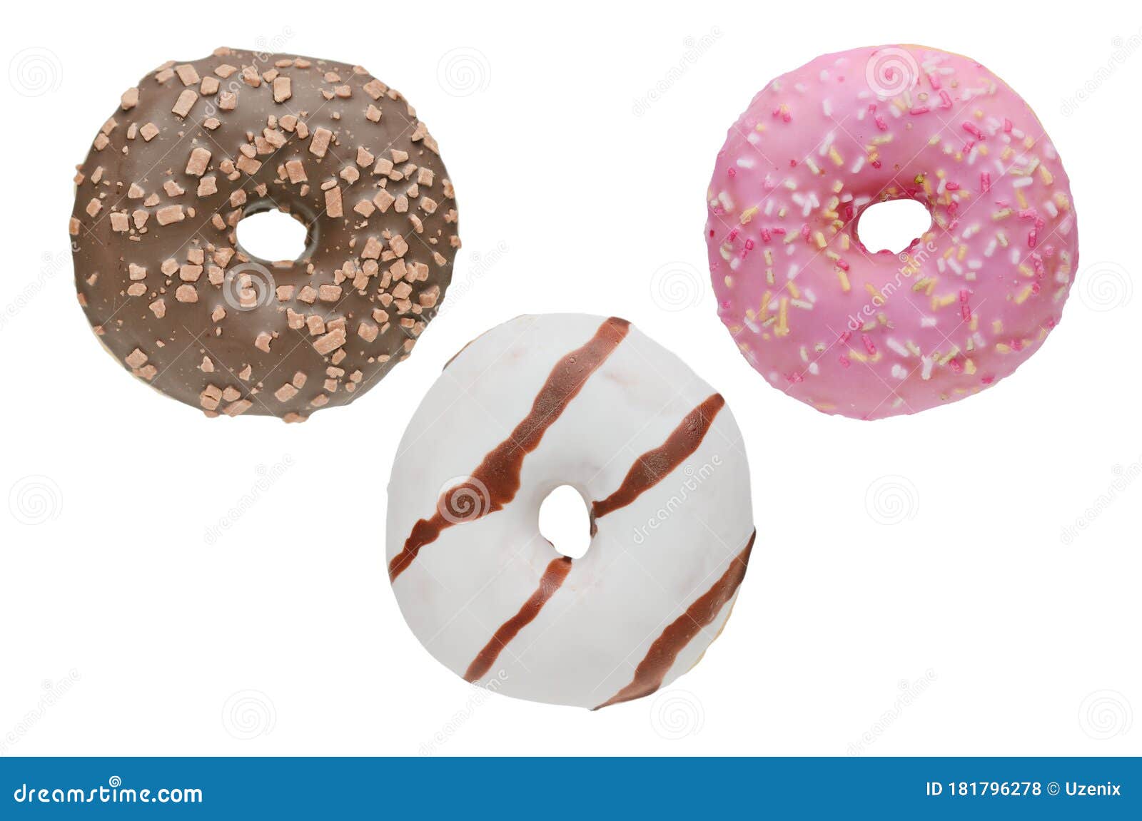 Three Doughnuts Differently Decorated on a White Background Stock Photo ...