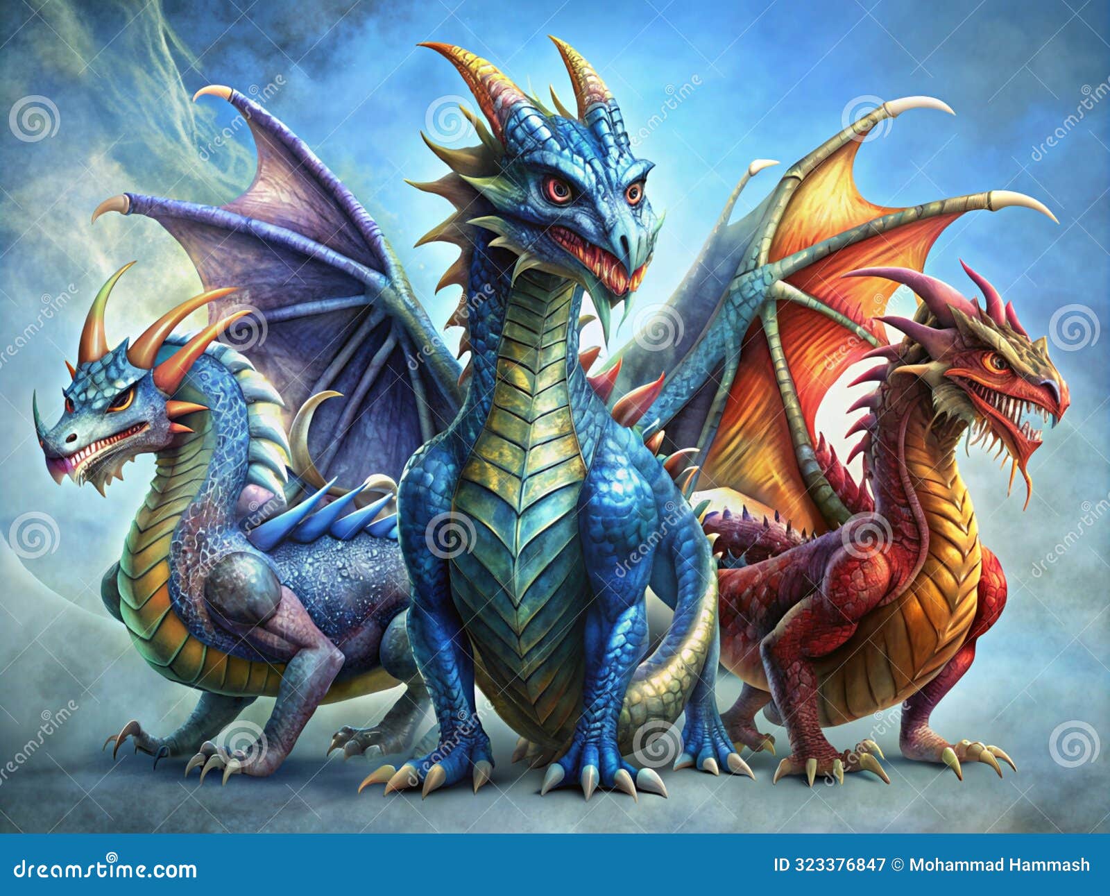 Three Dragons Standing Together Stock Vector - Illustration of green ...