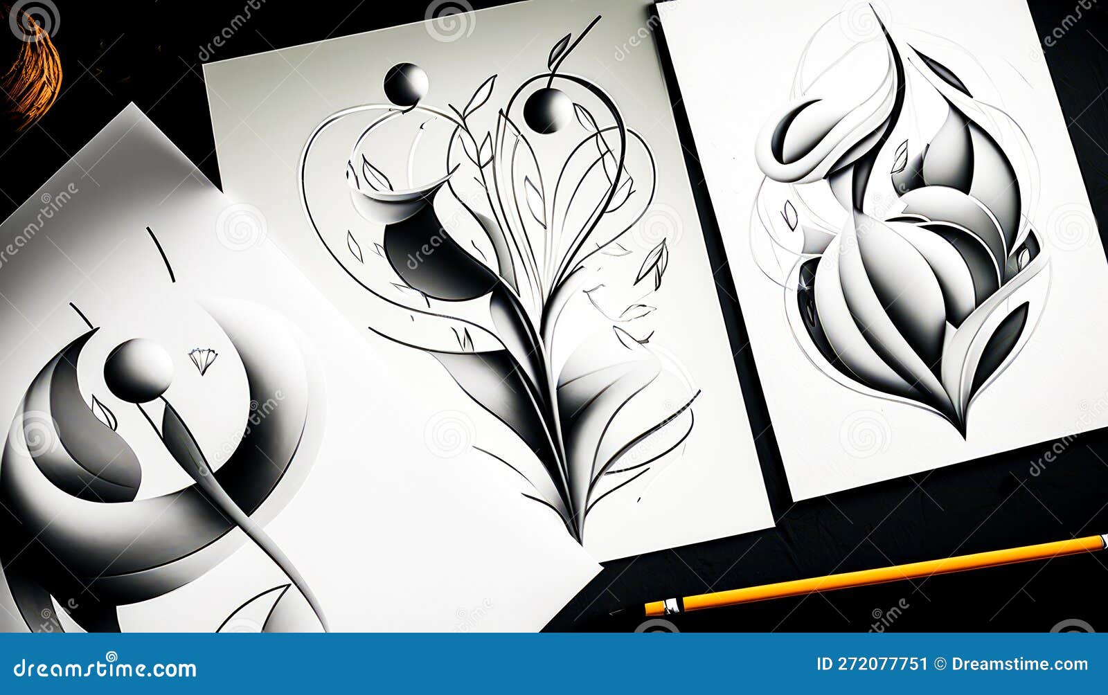 Three Drawings on Table with Pencils and Paper. Organic, Hand-drawn ...