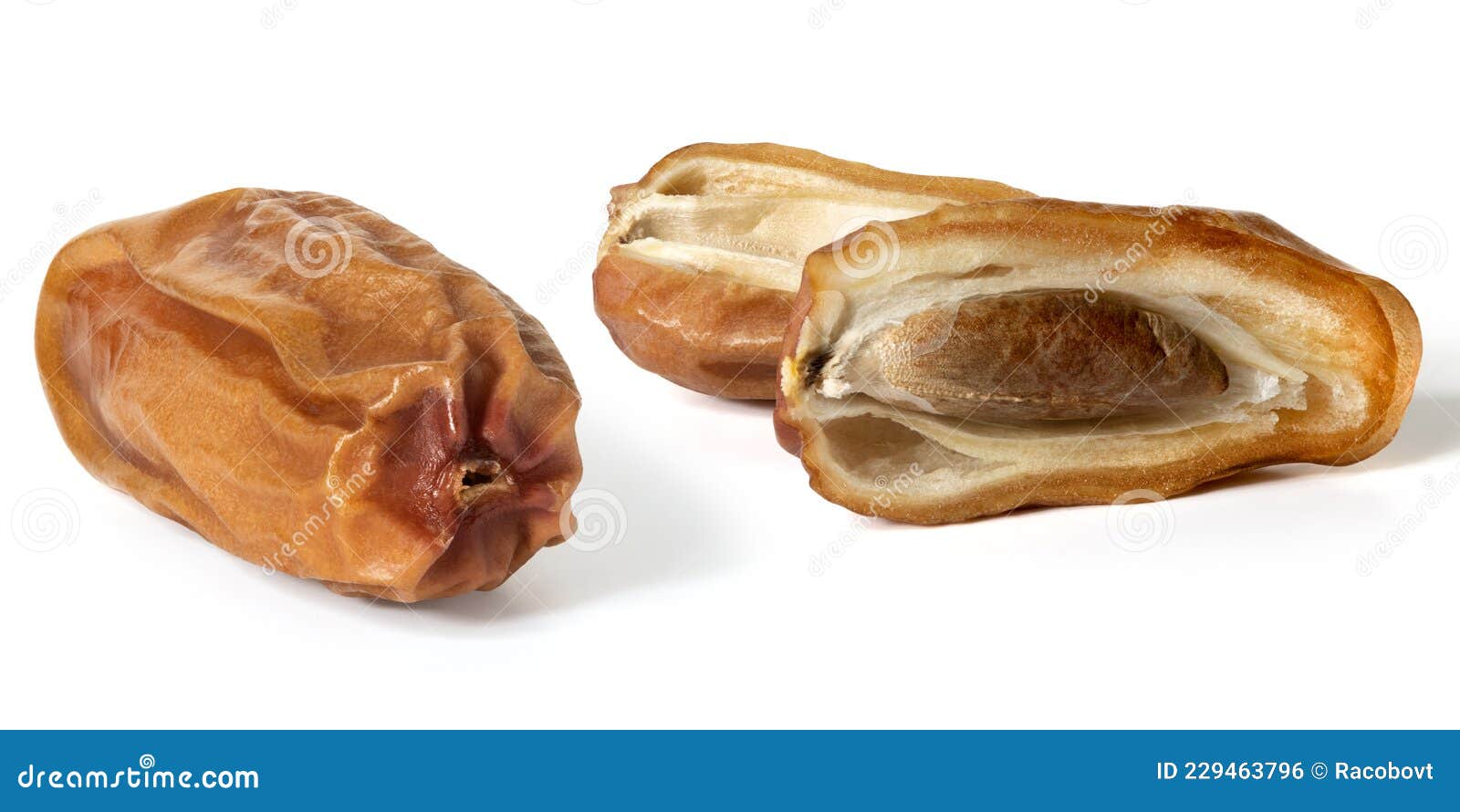 Three Dried Dates in Close Up on White Background. Front View Stock ...