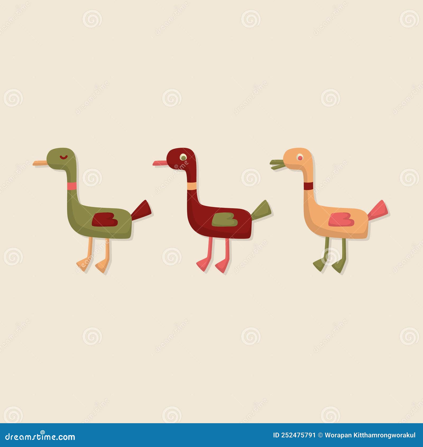 Three Duck Line Up Flat Vector Illustration Stock Vector - Illustration ...