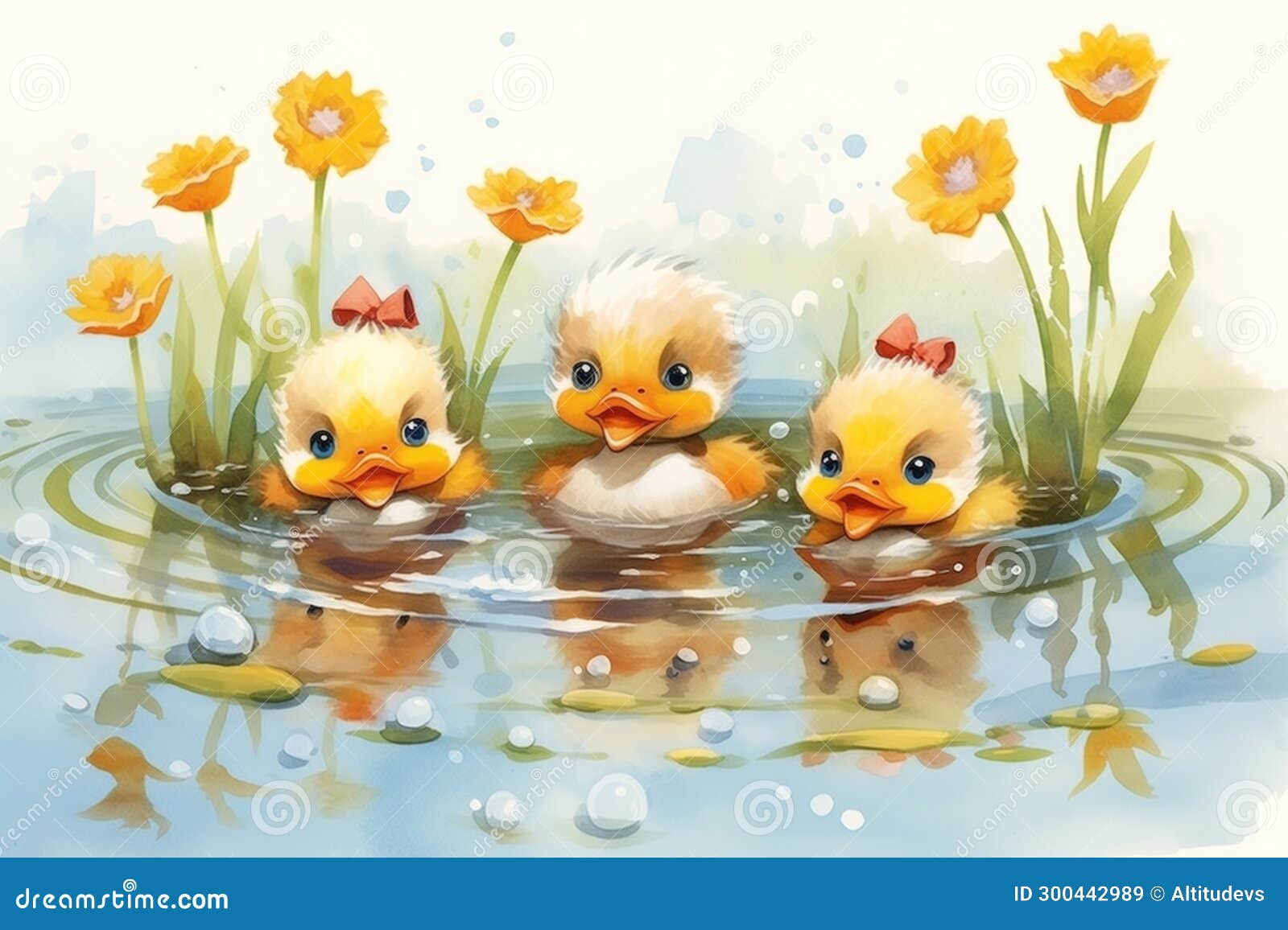 Three Ducklings Swimming in a Small Farm Pond Stock Image - Image of ...