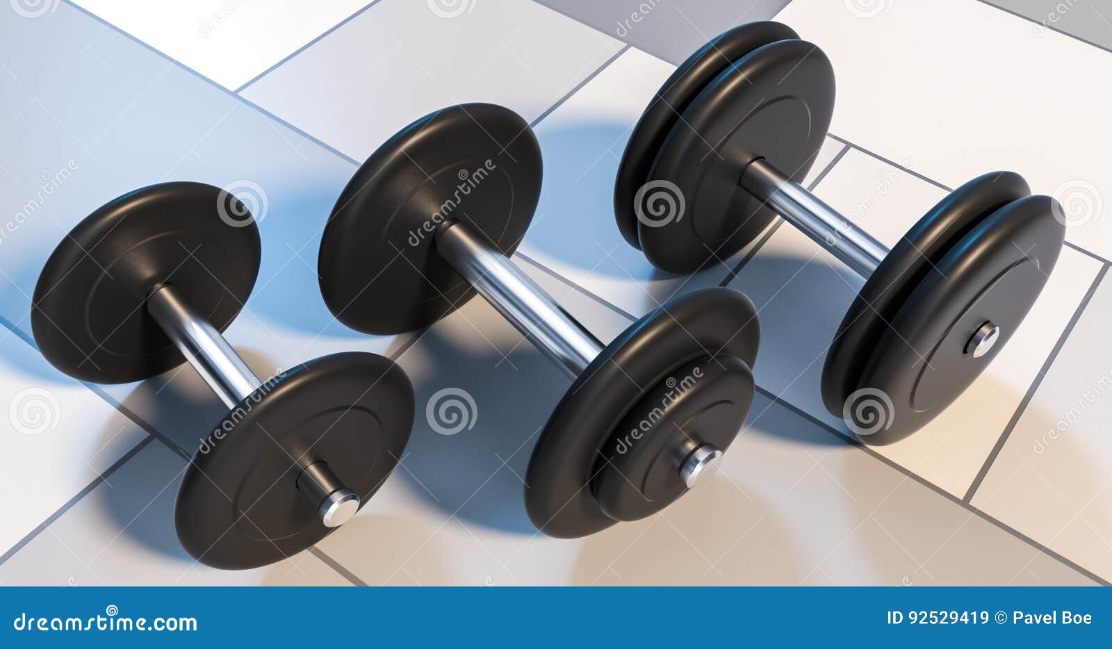Three Dumbbells Standing in Row 3d Illustration Stock Illustration ...