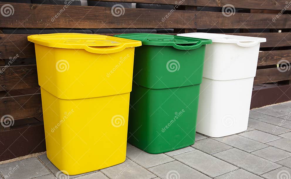 Three Dustbins for Sorting Trash Stock Image - Image of environment ...