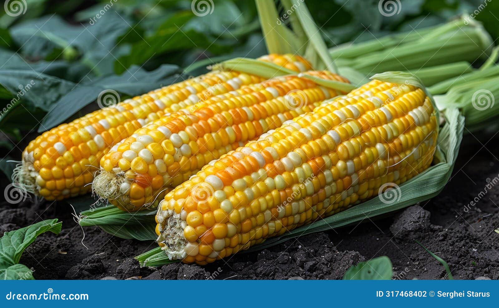 Three Ears of Corn are Growing in the Dirt on a Farm, AI Stock Photo ...