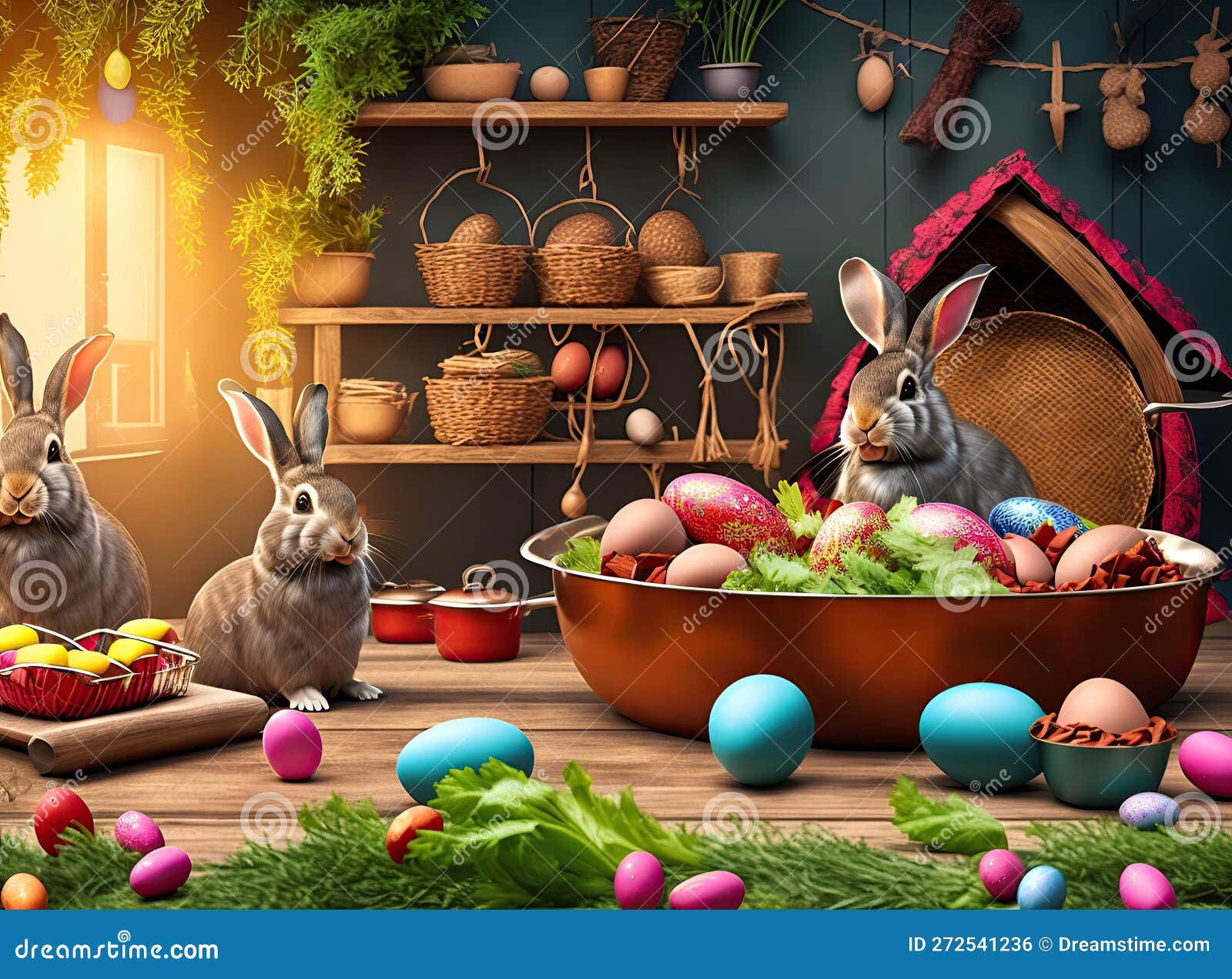 Three Easter Bunnies with Colorful Easter Eggs Sitting on the Table on ...