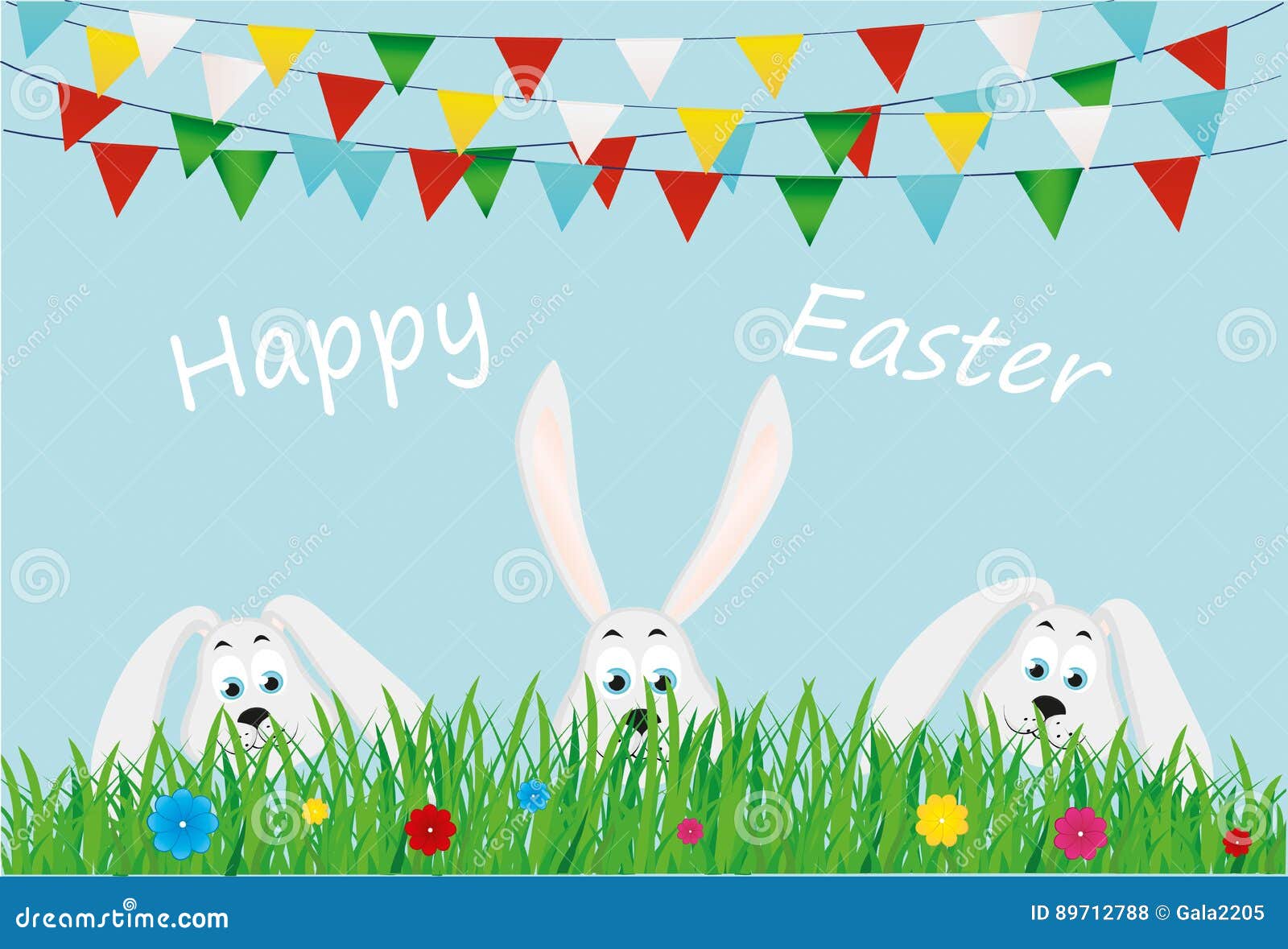 Three Easter Bunnies Are Sitting In The Grass With Flowers Flags Stock