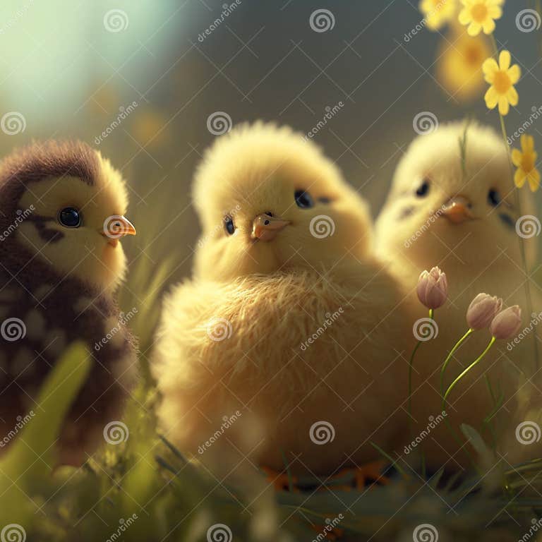 Three Easter Chicks in the Spring Meadow Stock Illustration ...