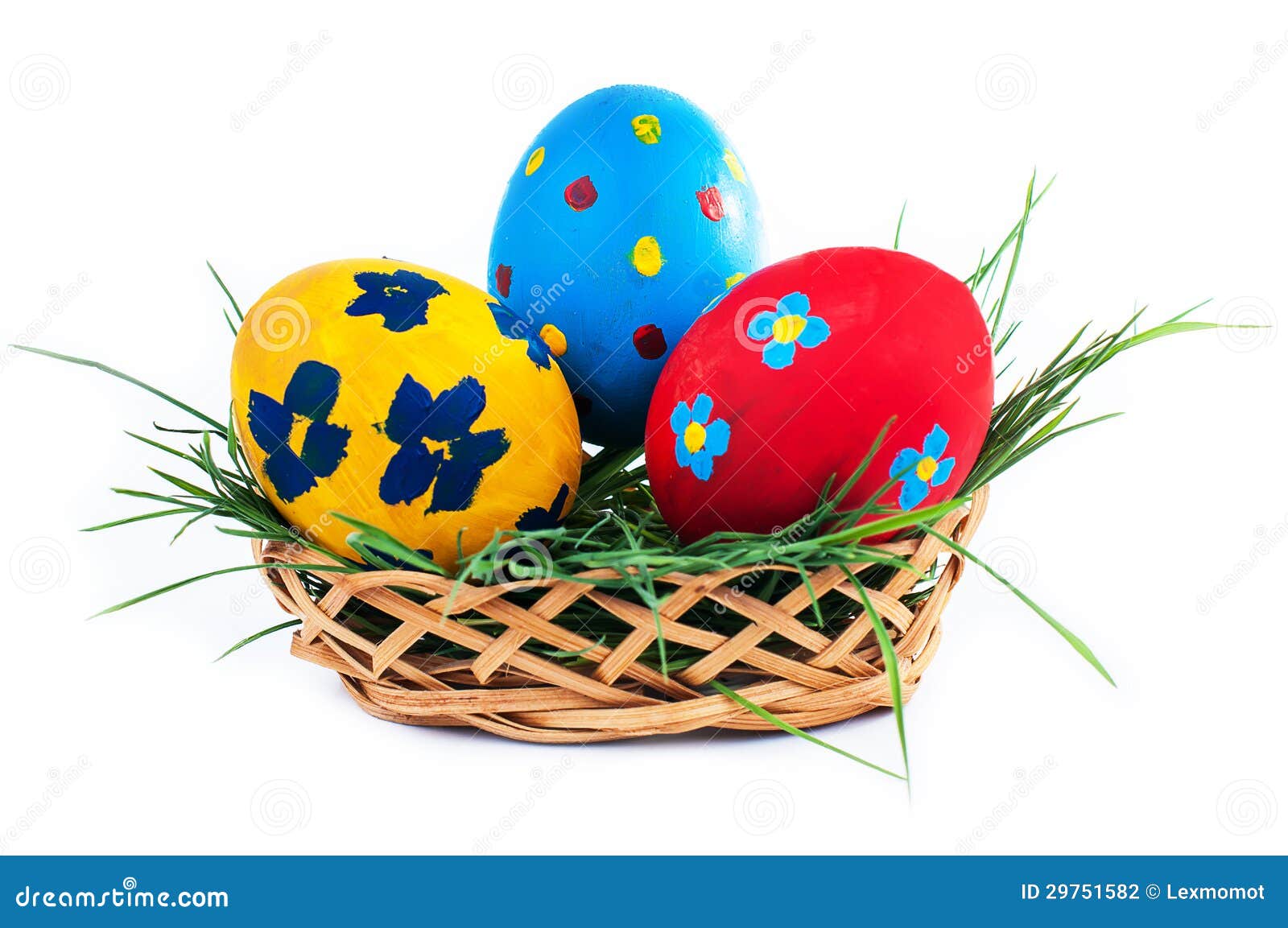 Three Easter Eggs in a Basket on a White Background Stock Photo - Image ...