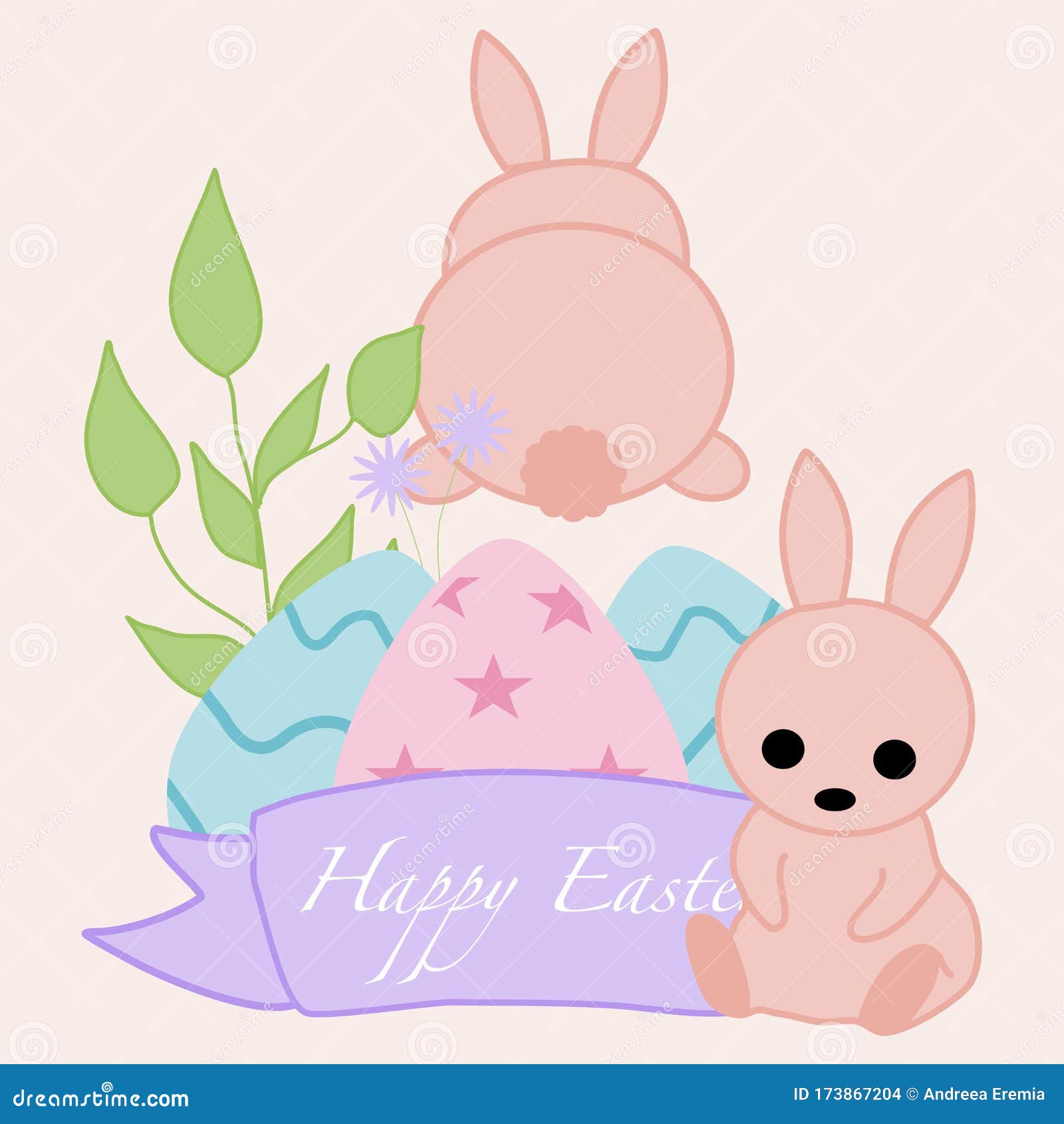 Three Easter Eggs and Cute Bunnies, Vector Illustration Stock Vector ...