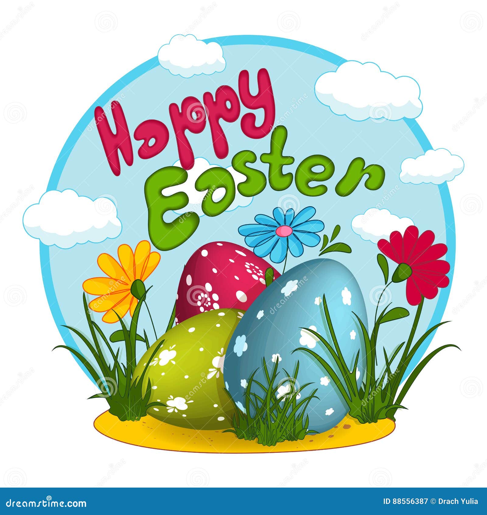 Three Easter Eggs with a Pattern, Flowers, Grass, Clouds and Lettering ...