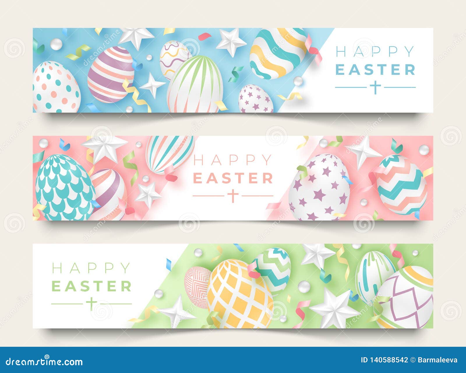 Three Easter Horizontal Banners with Realistic Decorated Eggs, Ribbons ...