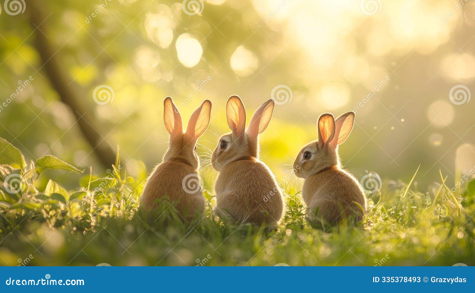 Three Easter Rabbits Sitting on the Green Grass and Morning Sunlight ...