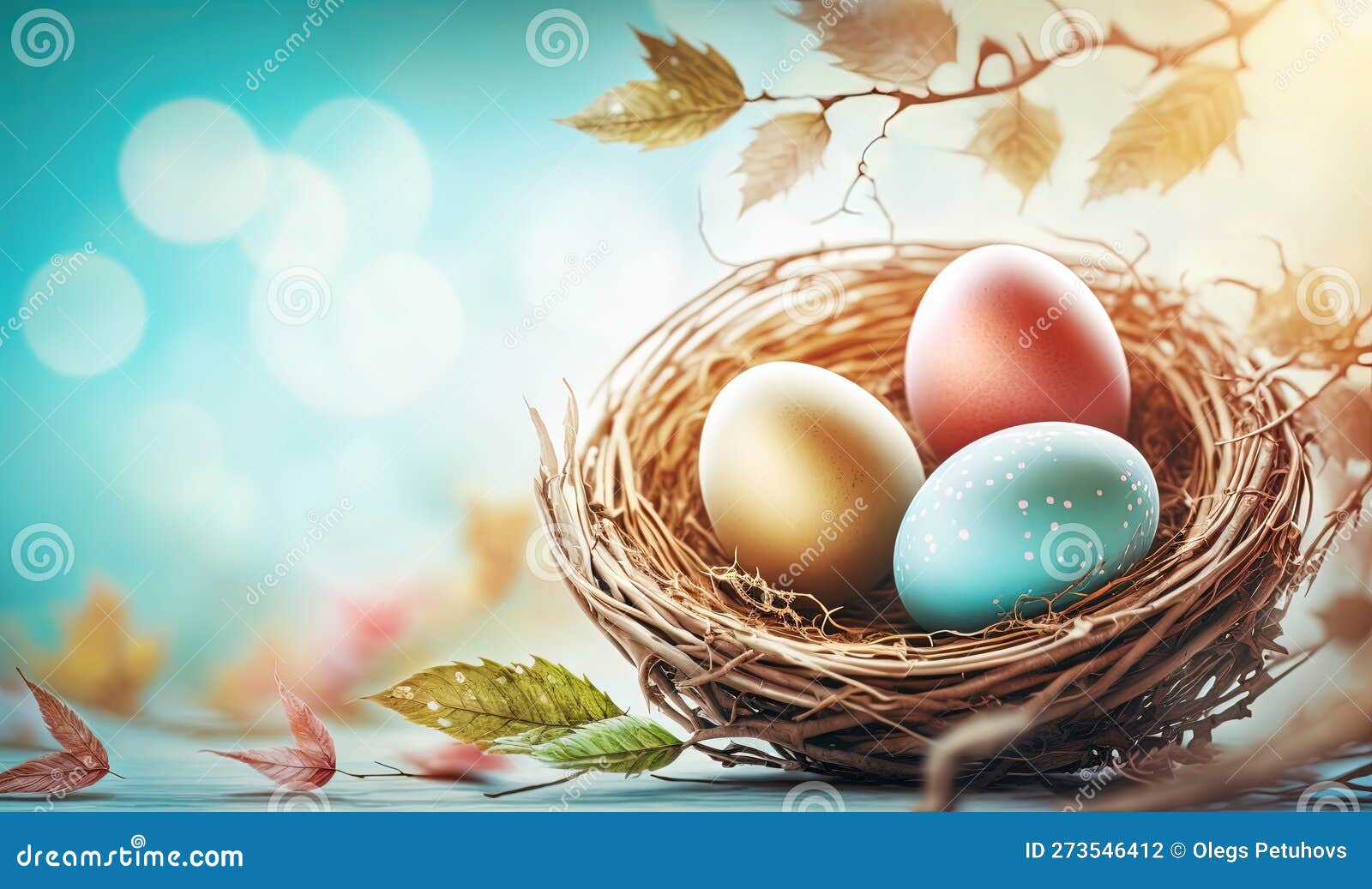 Three Eggs in a Nest on a Table with Leaves and a Blue Sky in the Background with a Boke of ...