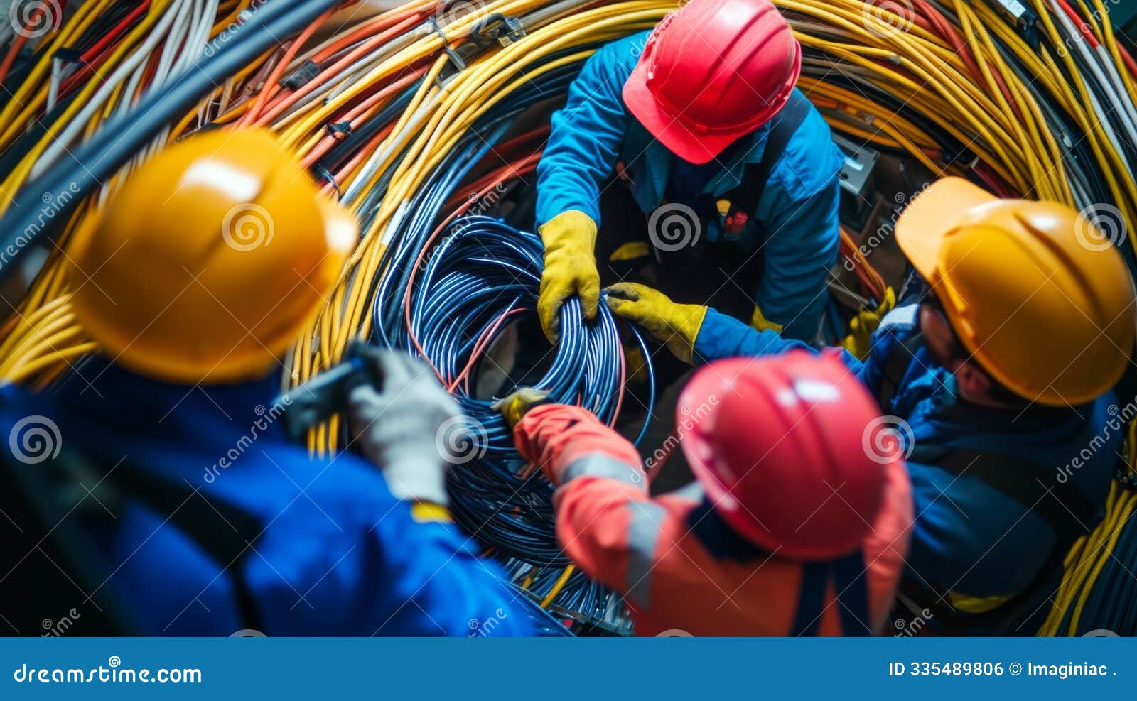 Three Electricians Working On Electrical Panel On A Roof Stock Photo ...